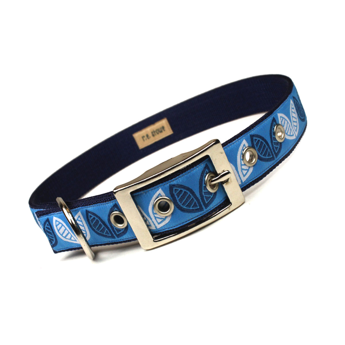 Mod Blue Leaves Metal Buckle Dog Collar (1 Inch) on Luulla